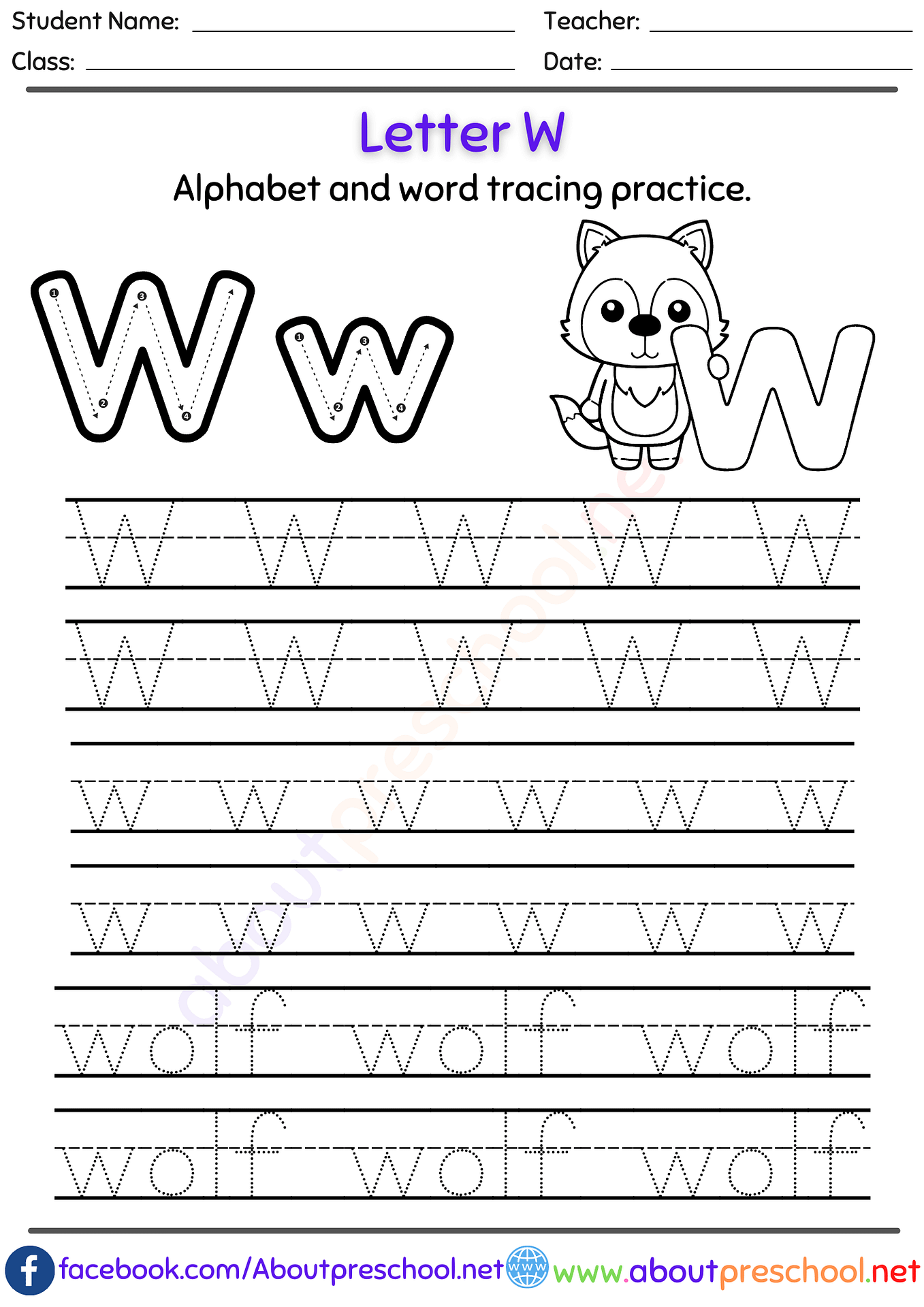 Letter W Alphabet tracing worksheets Archives - About Preschool